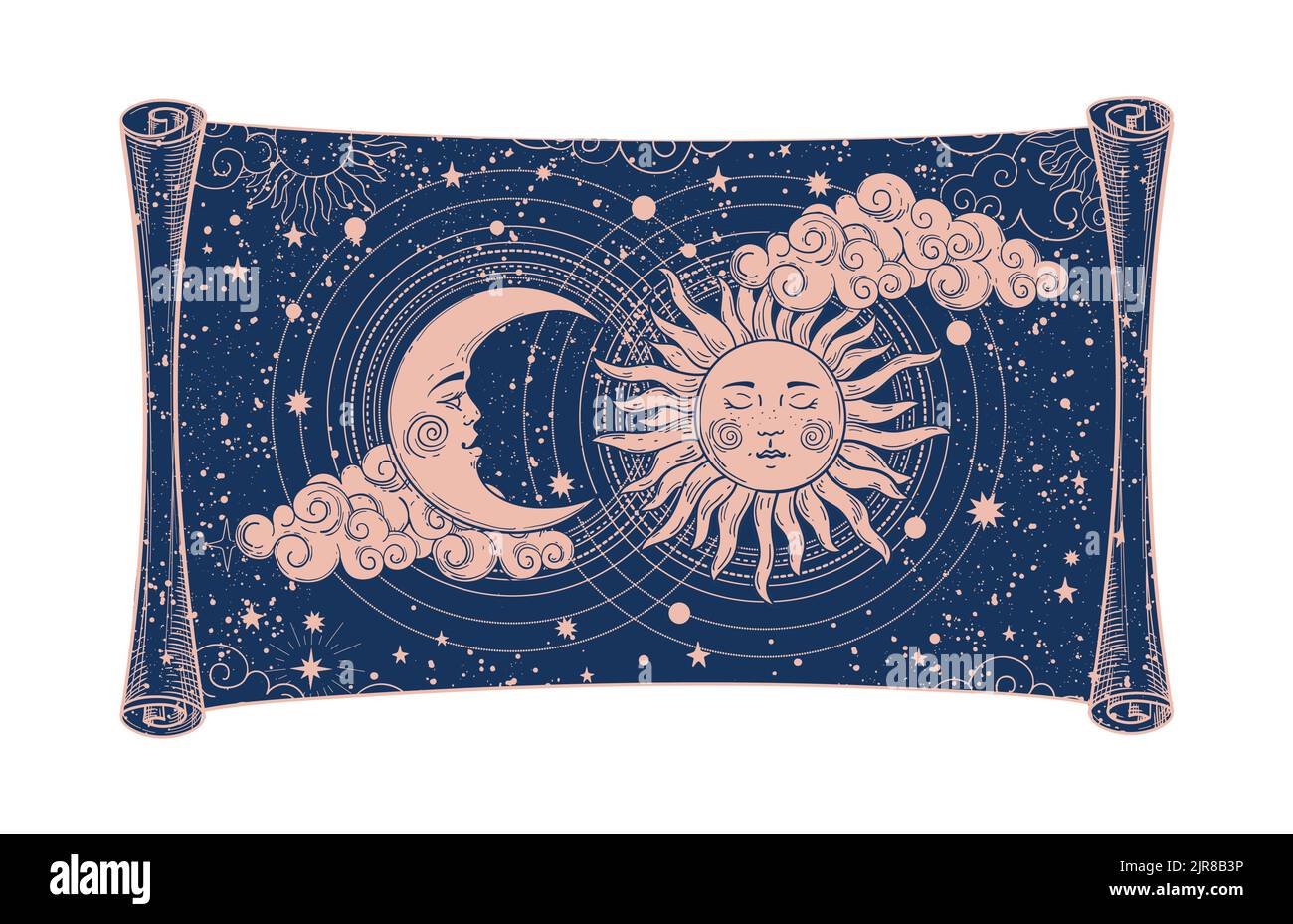 Divine scroll of universe device, astrology or tarot banner. Sun and ...