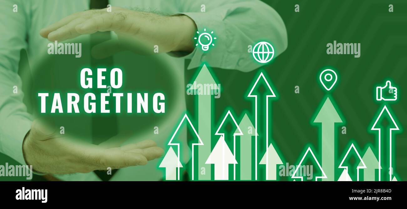 Text sign showing Geo Targeting. Concept meaning Digital Ads Views IP ... Text sign showing Geo Targeting. Concept meaning Digital Ads Views IP ...