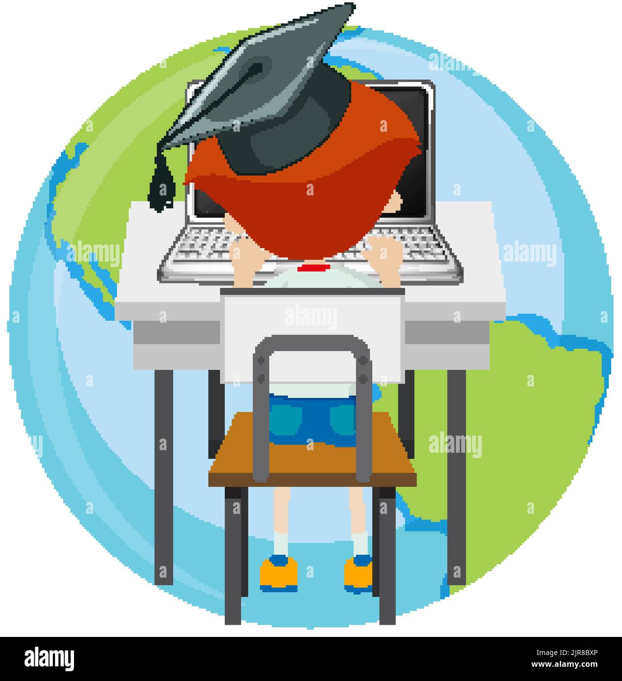 A man wearing graduation hat using computer illustration Stock Vector ...