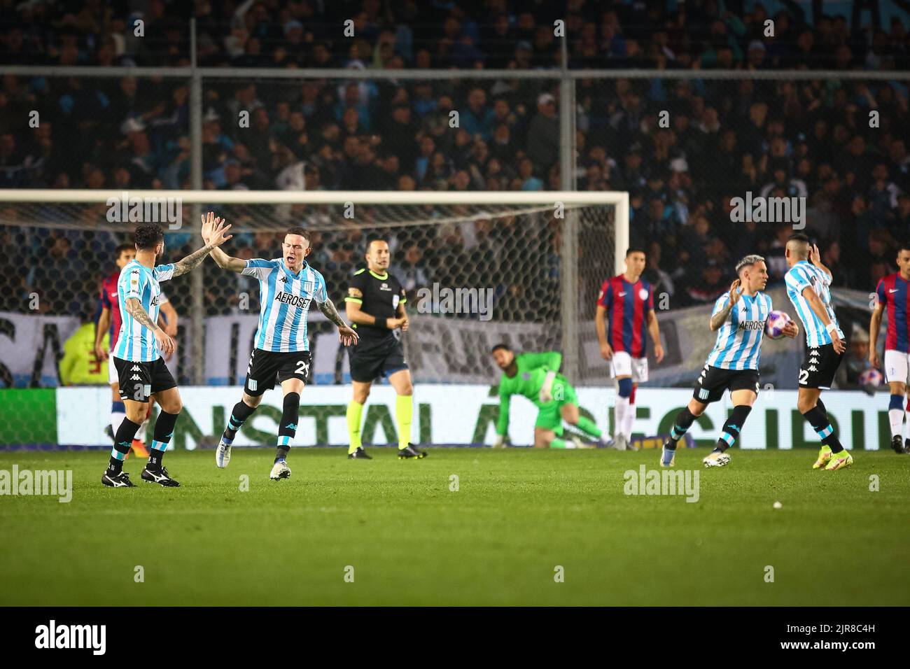 Enzo Copetti of Racing and teammates celebrate a goal during a match ...