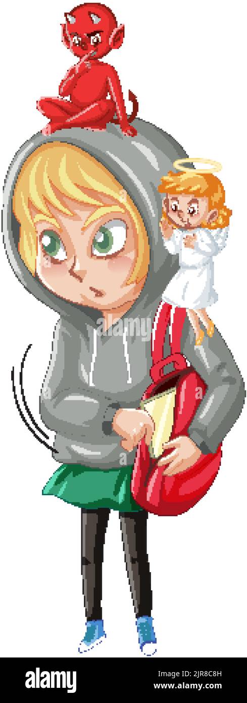 Cartoon character with devil and angel fighting in thought illustration ...