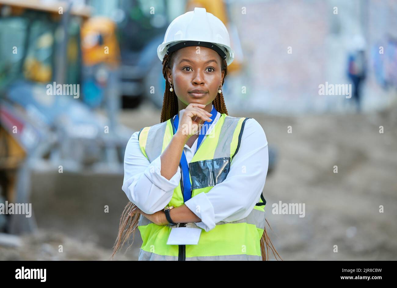 Logistics security, construction worker and woman thinking with arms crossed on building site ...