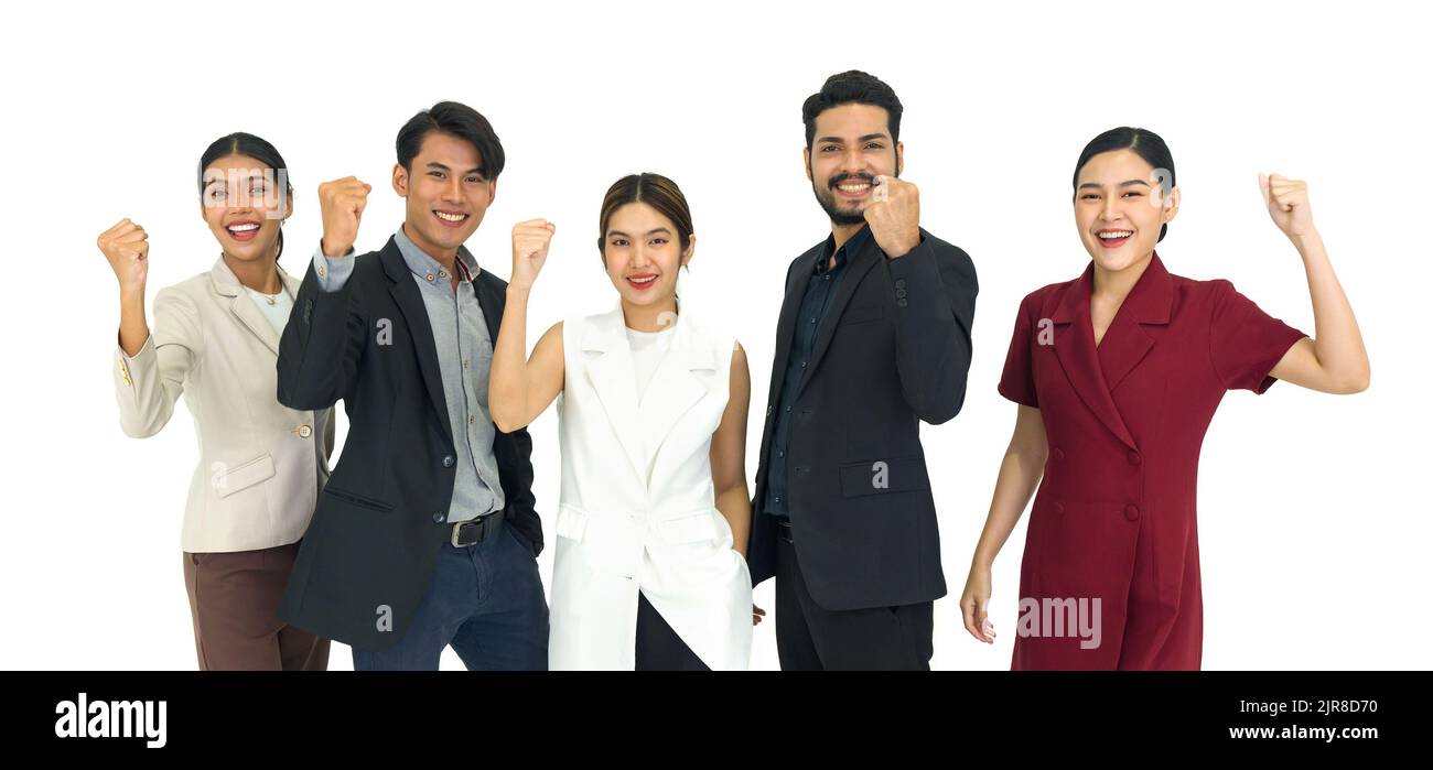 Team of successful young people standing together. Everyone raise the ...