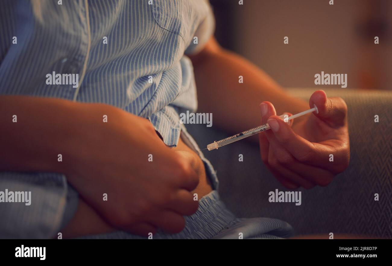 Diabetes, diabetic and insulin injection of a woman with a chronic ...