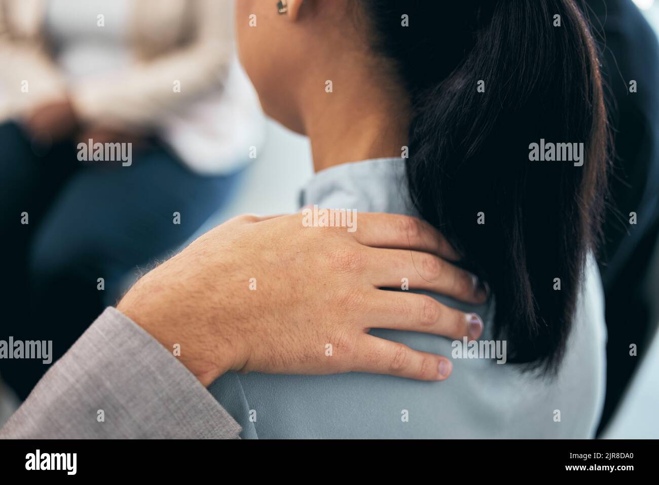 Hands comfort, empathy and shoulder closeup for person in support ...