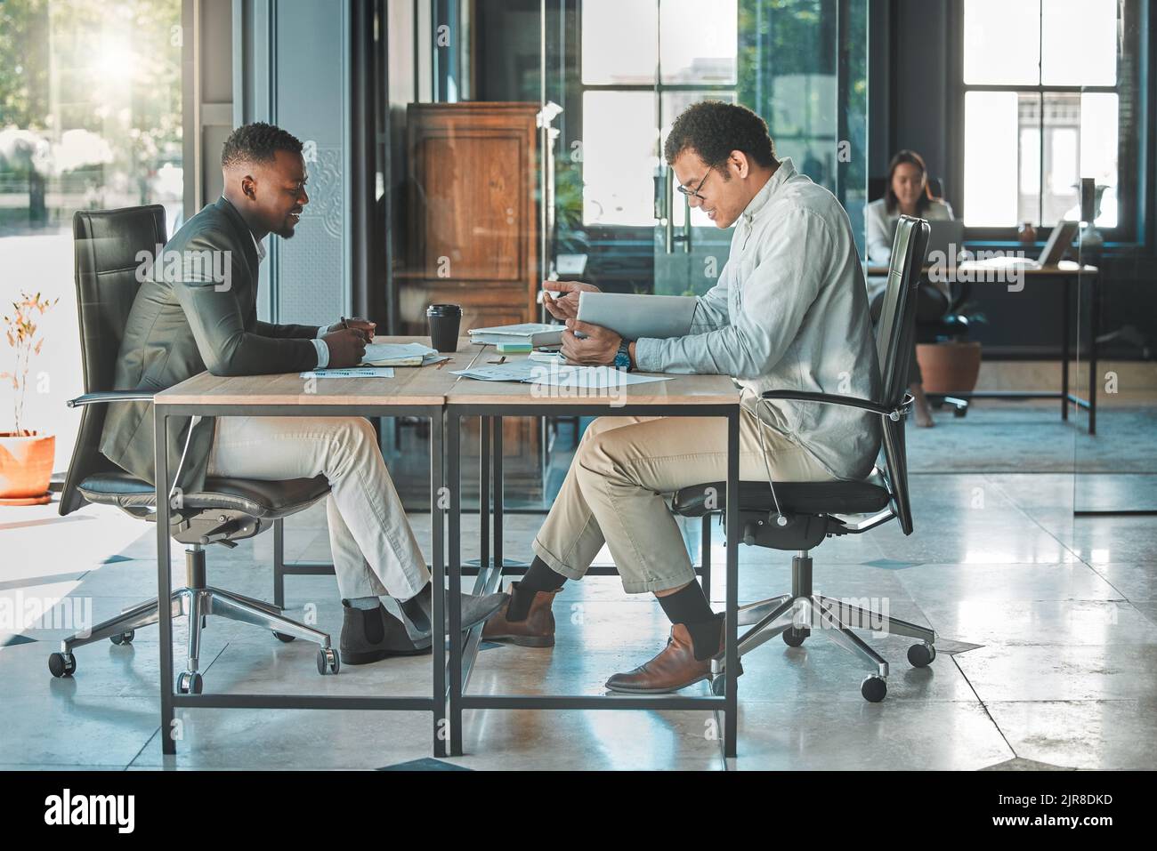 Colleagues, coworkers or male employees collaborating and planning a ...