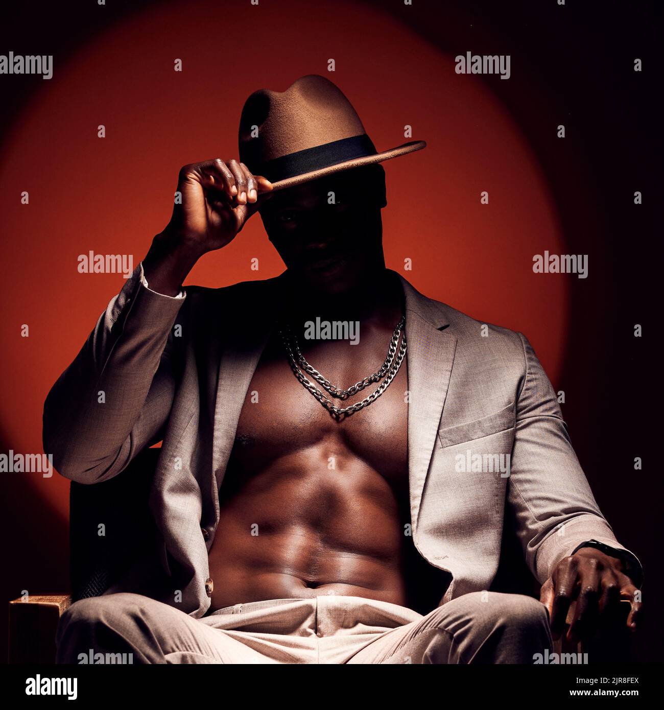 Silhouette of dark, hiding and secret man with art deco in red light ...