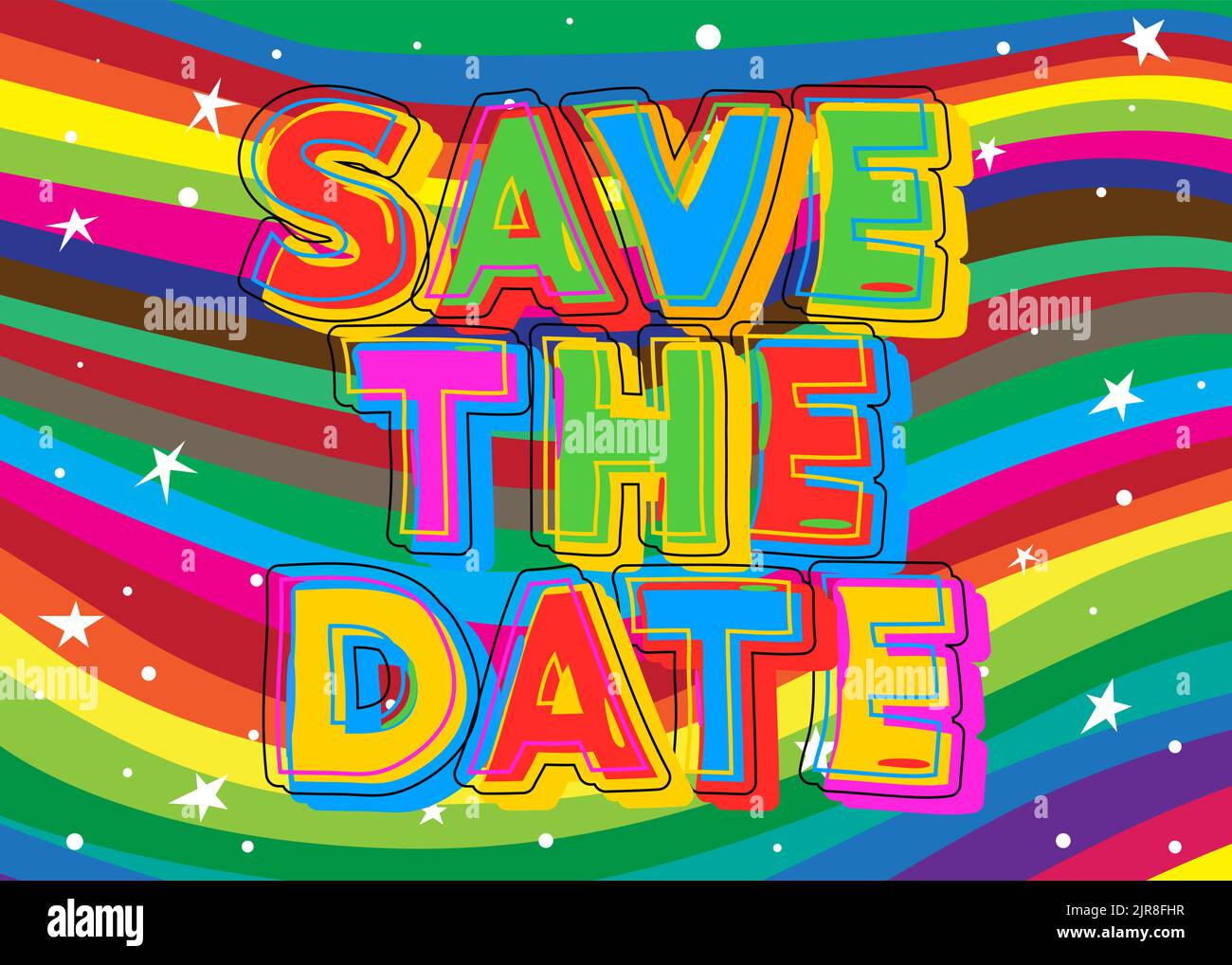 Save The Date. Word written with Children's font in cartoon style Stock ...