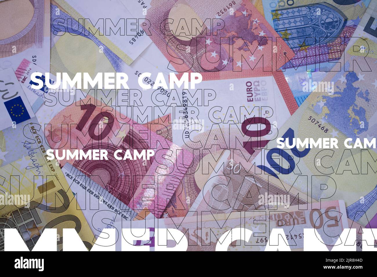 Summer Camp word with money. Paper currency background with different ...