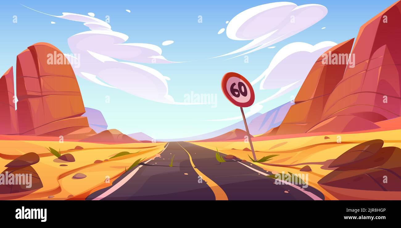 Broken road in desert landscape, straight empty highway with cracked ...