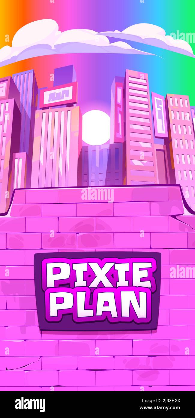 City skyline with skyscrapers, brick wall and clouds in rainbow colored ...