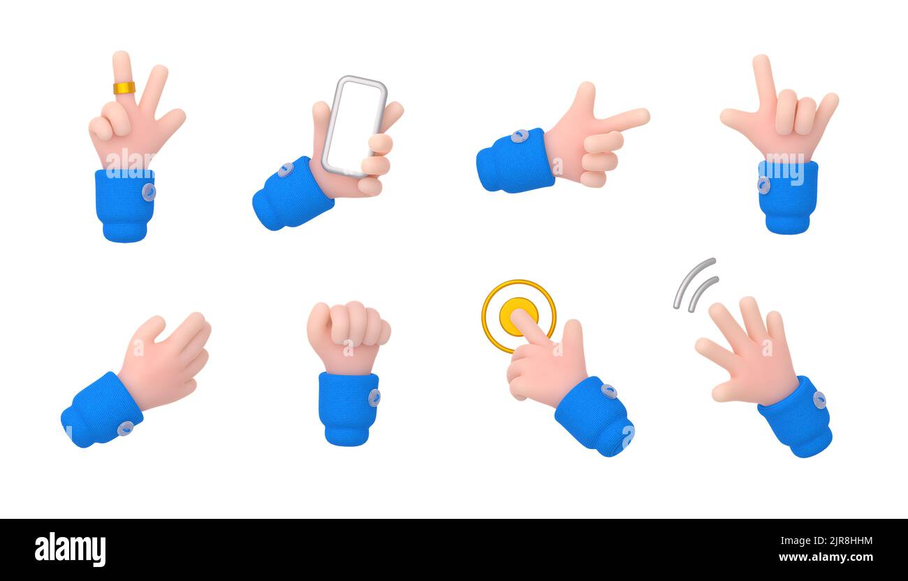 Hand gestures, human arm show symbols of peace and rock. 3d render ...