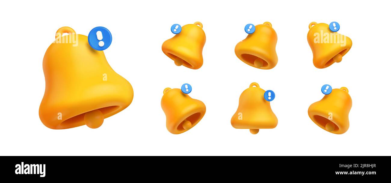 Notice, alert icons with gold bell and exclamation point. Symbols of ...