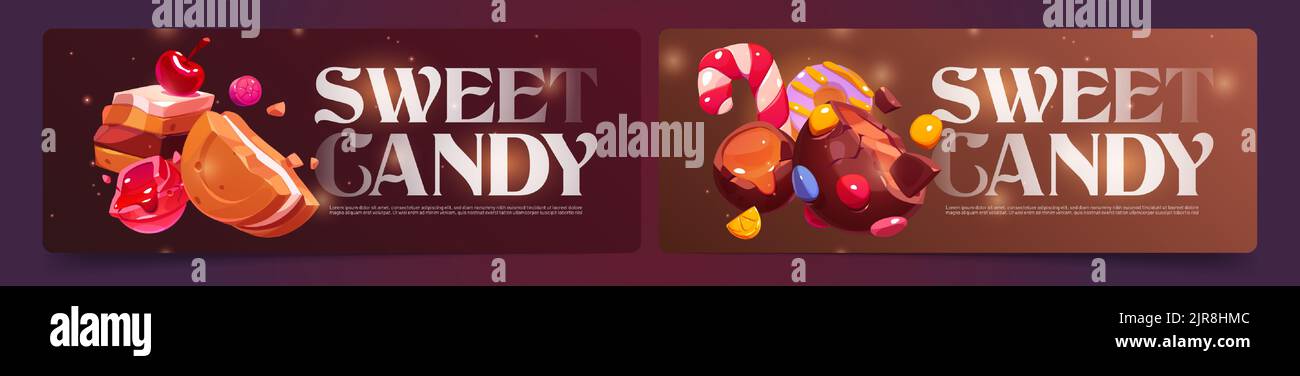 Sweet candy posters with chocolate, caramel drops, bonbon, cake and ...