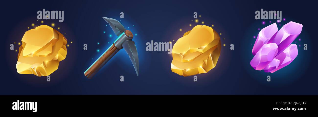 Set of pickaxe, gold and minerals isolated on background. Vector ...