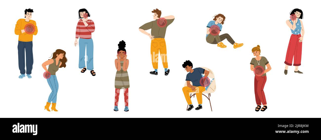 People suffering pain set isolated on white background. Male and female flat characters having ...