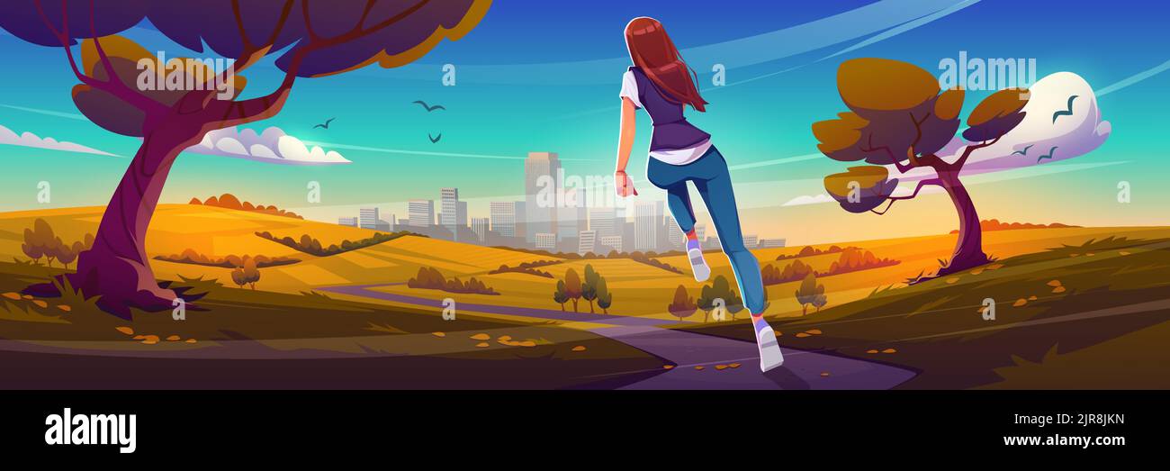 Young girl jogging in autumn city park with cityscape perspective view ...