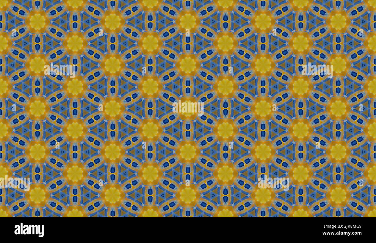 Seamless repeat pattern of yellow and blue circles and shapes Stock ...