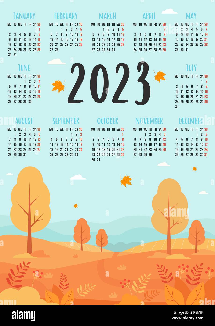 Calendar 2023 with beautiful autumn nature landscape, yellow trees with ...