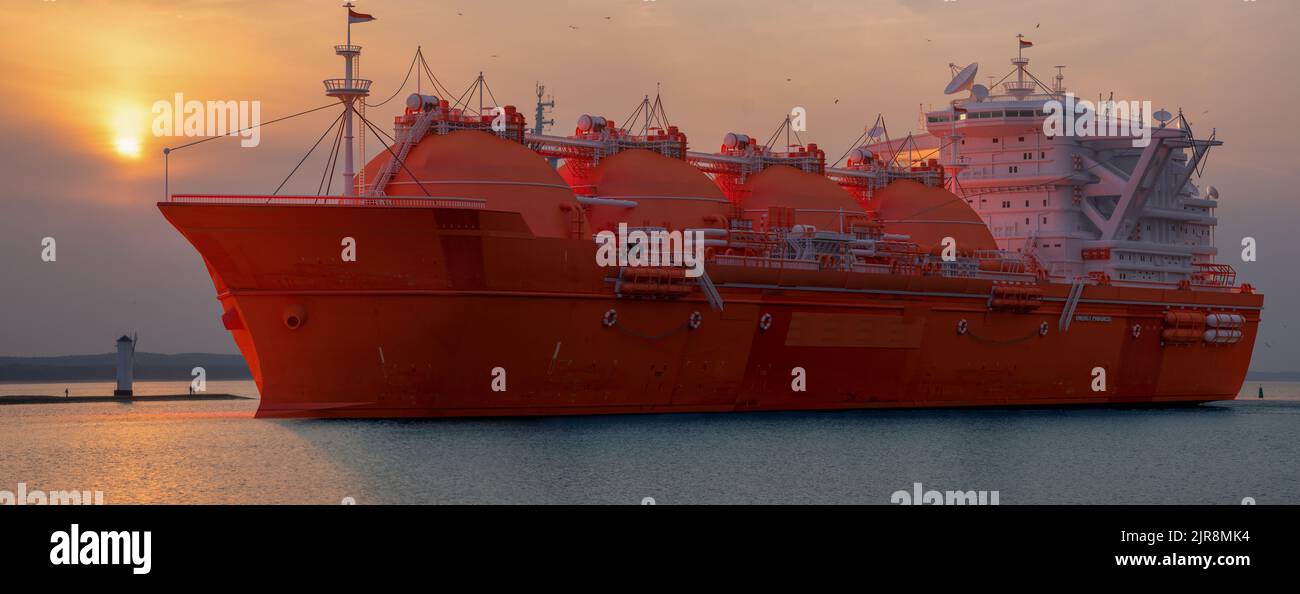 LNG tanker flowing into the port with the supply of liquefied gas Stock ...