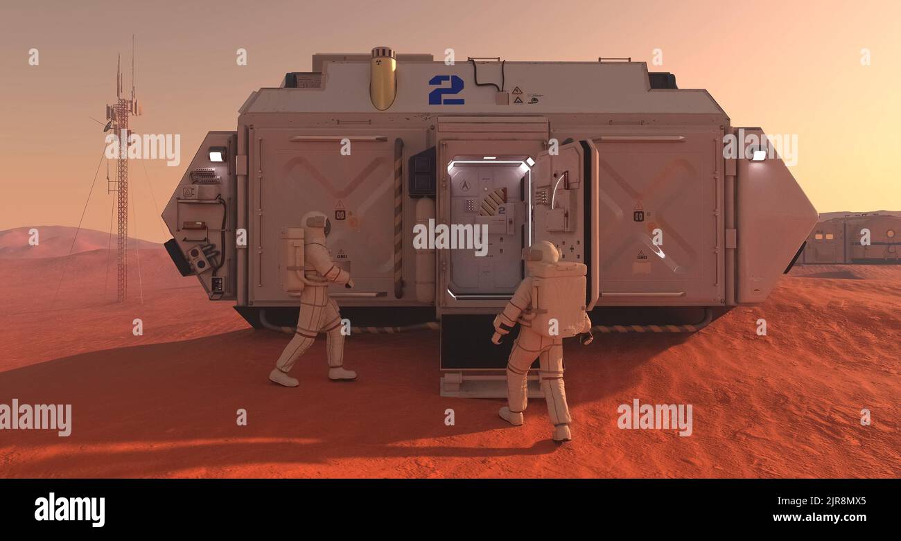 3D Illustration. Mars colony. Expedition on alien planet. Life on Mars ...