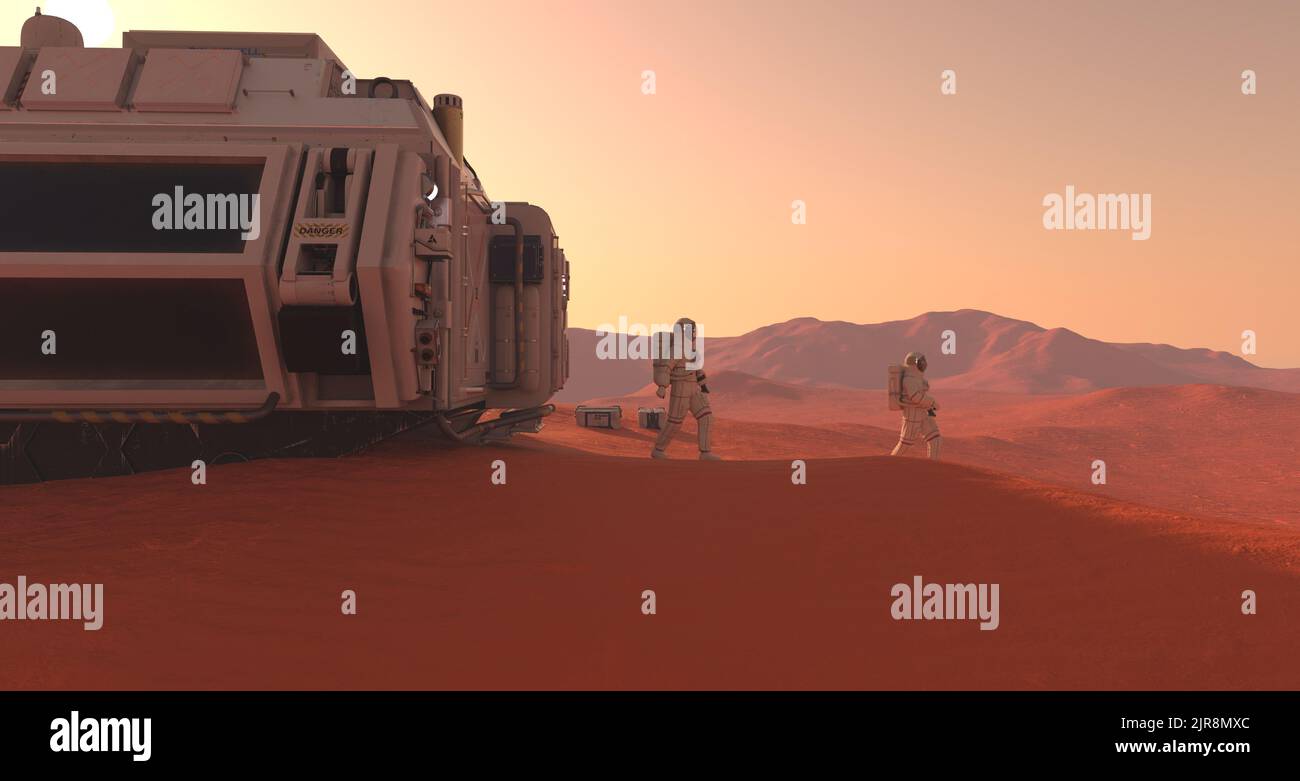 3D Illustration. Mars colony. Expedition on alien planet. Life on Mars ...