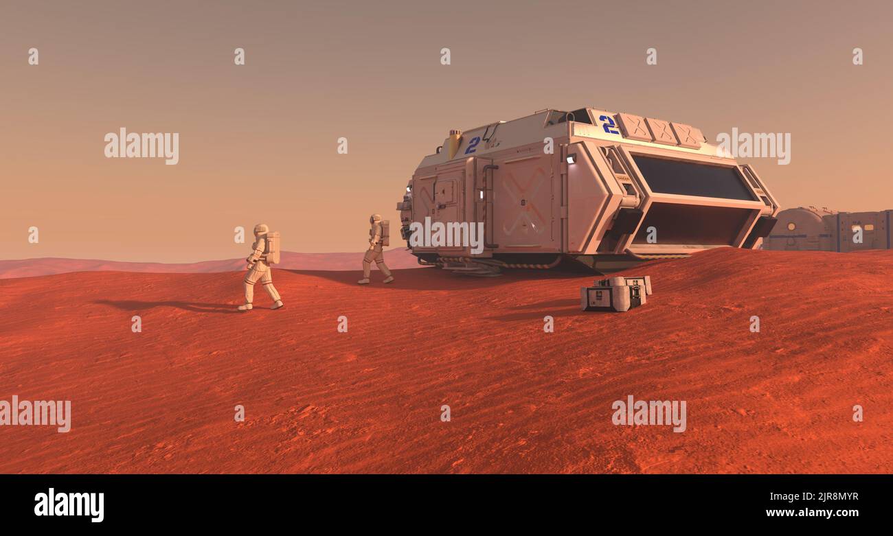 3D Illustration. Mars colony. Expedition on alien planet. Life on Mars ...