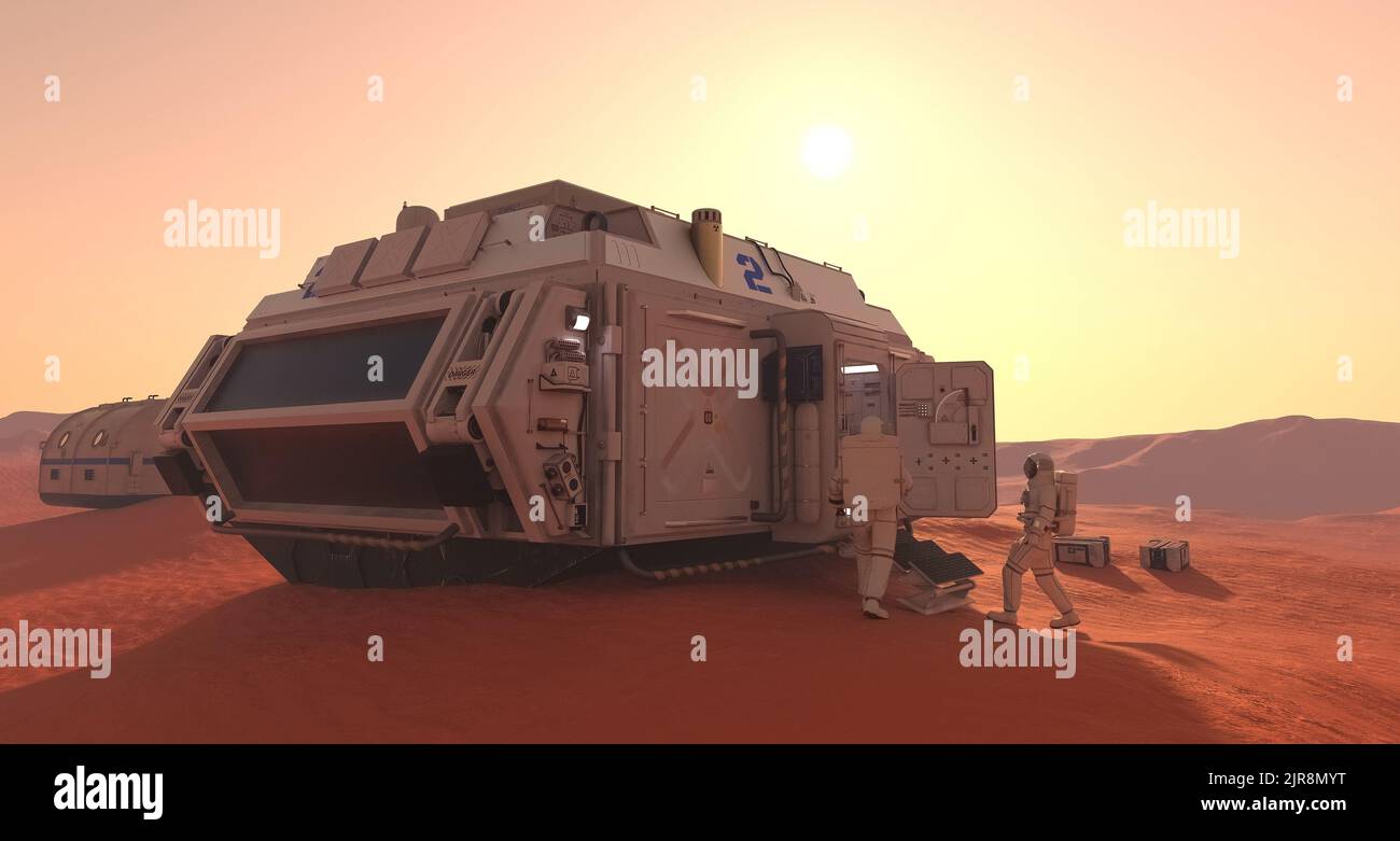 3D Illustration. Mars colony. Expedition on alien planet. Life on Mars ...