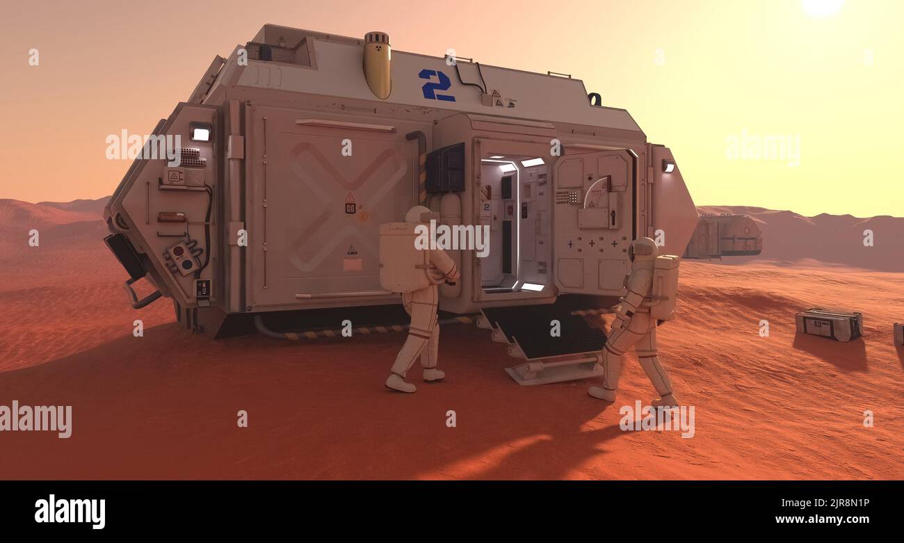 3D Illustration. Mars colony. Expedition on alien planet. Life on Mars ...