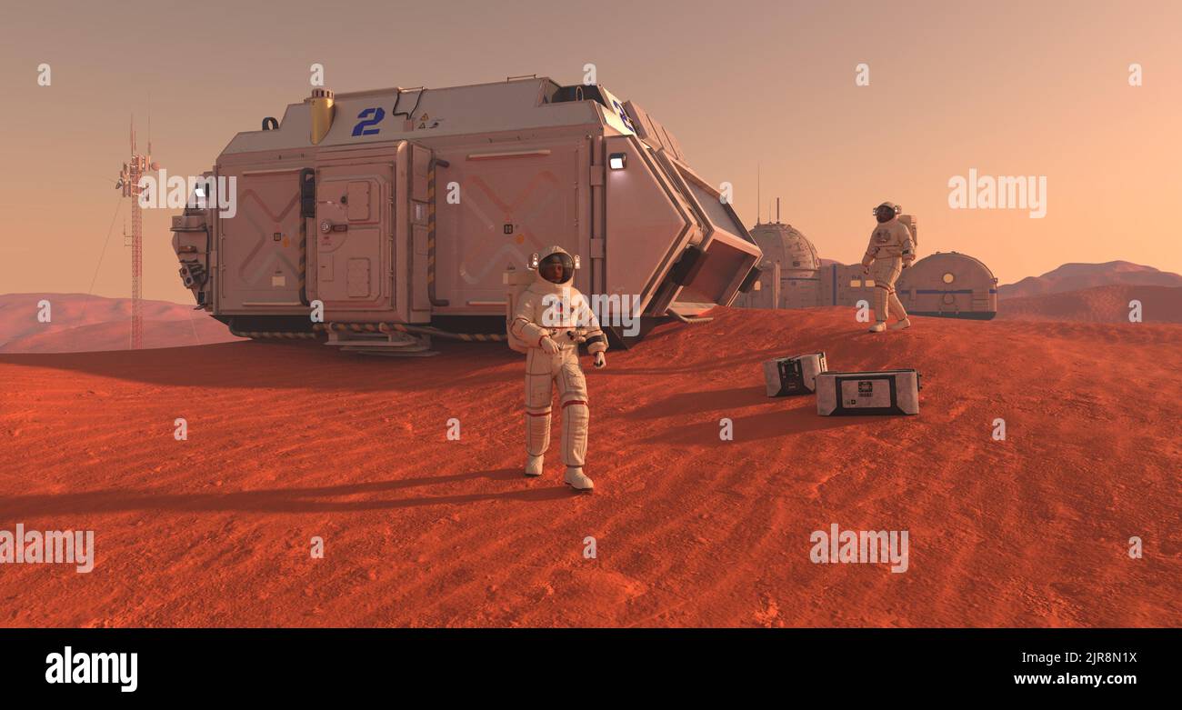 3D Illustration. Mars colony. Expedition on alien planet. Life on Mars ...