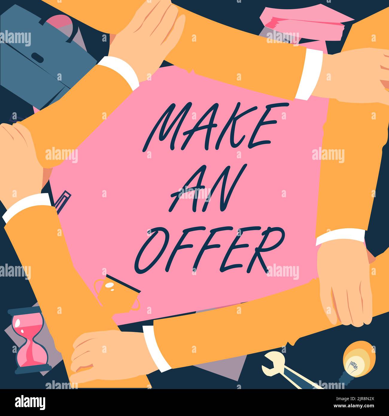 Text caption presenting Make An Offer. Business overview Proposal Bring ...