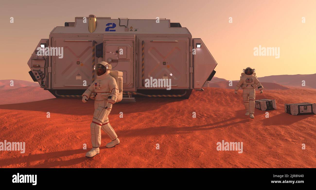3D Illustration. Mars colony. Expedition on alien planet. Life on Mars ...