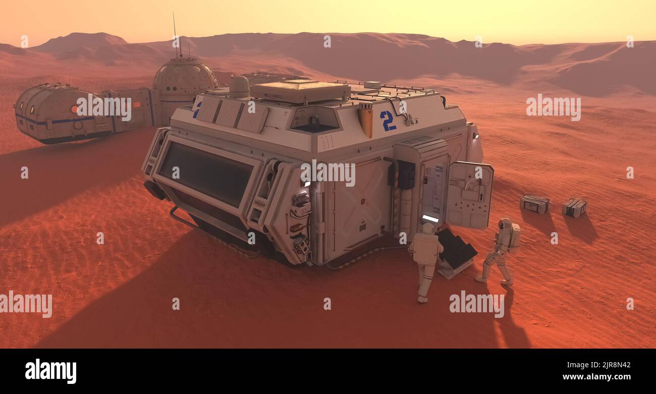 3D Illustration. Mars colony. Expedition on alien planet. Life on Mars ...