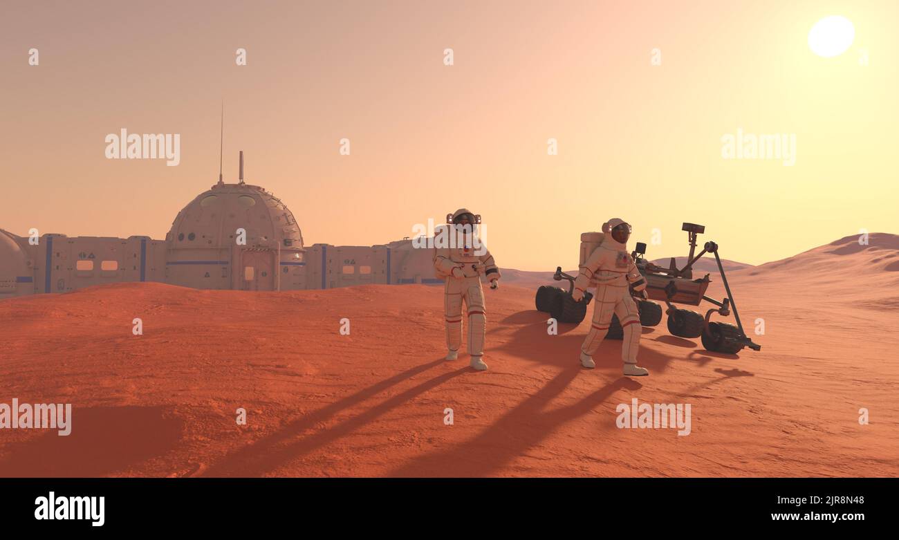 3D Illustration. Mars colony. Expedition on alien planet. Life on Mars ...