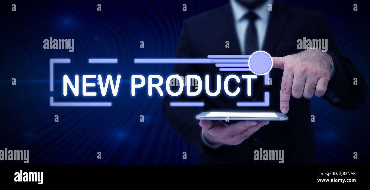 Writing displaying text New Product, Word for goods and services that ...