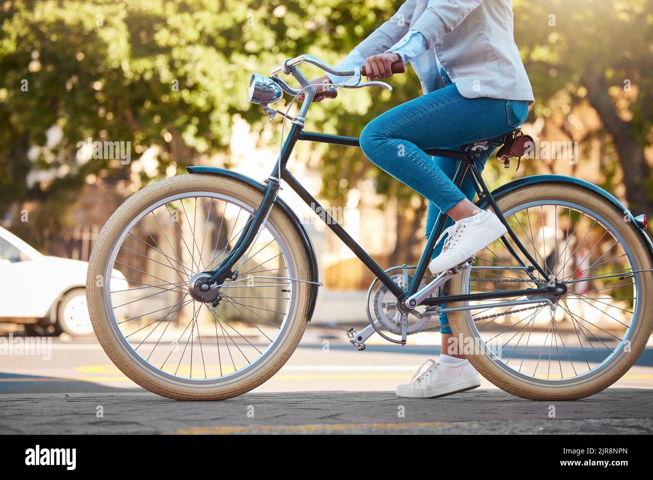 Adventure, street travel and bike break outdoor in urban city in summer ...