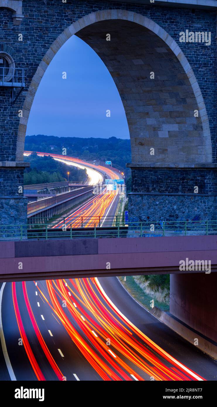 Chemnitz, Germany. 23rd Aug, 2022. Cars pass under the Bahrebach Mill ...