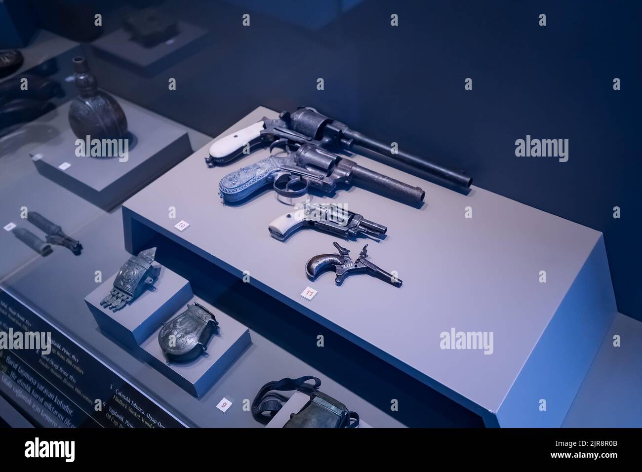09 July 2022, Antalya, Turkey: Revolvers and guns at the historical ...
