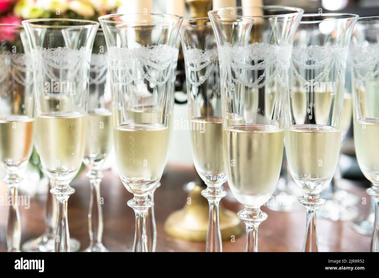 Rottweil, Germany. 20th Aug, 2022. Champagne glasses are placed on a ...