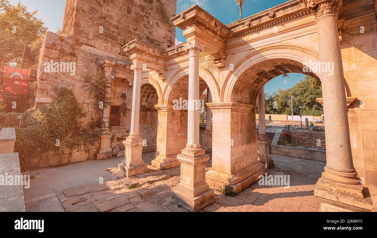 Famous gate or Hadrianus arch in Antalya without visitors. Travel ...