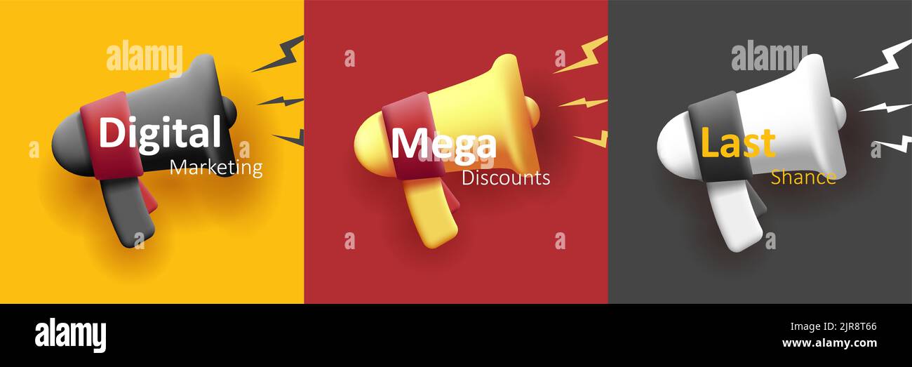 3d icon of megaphone with sound bolt, banner in different colors Stock ...