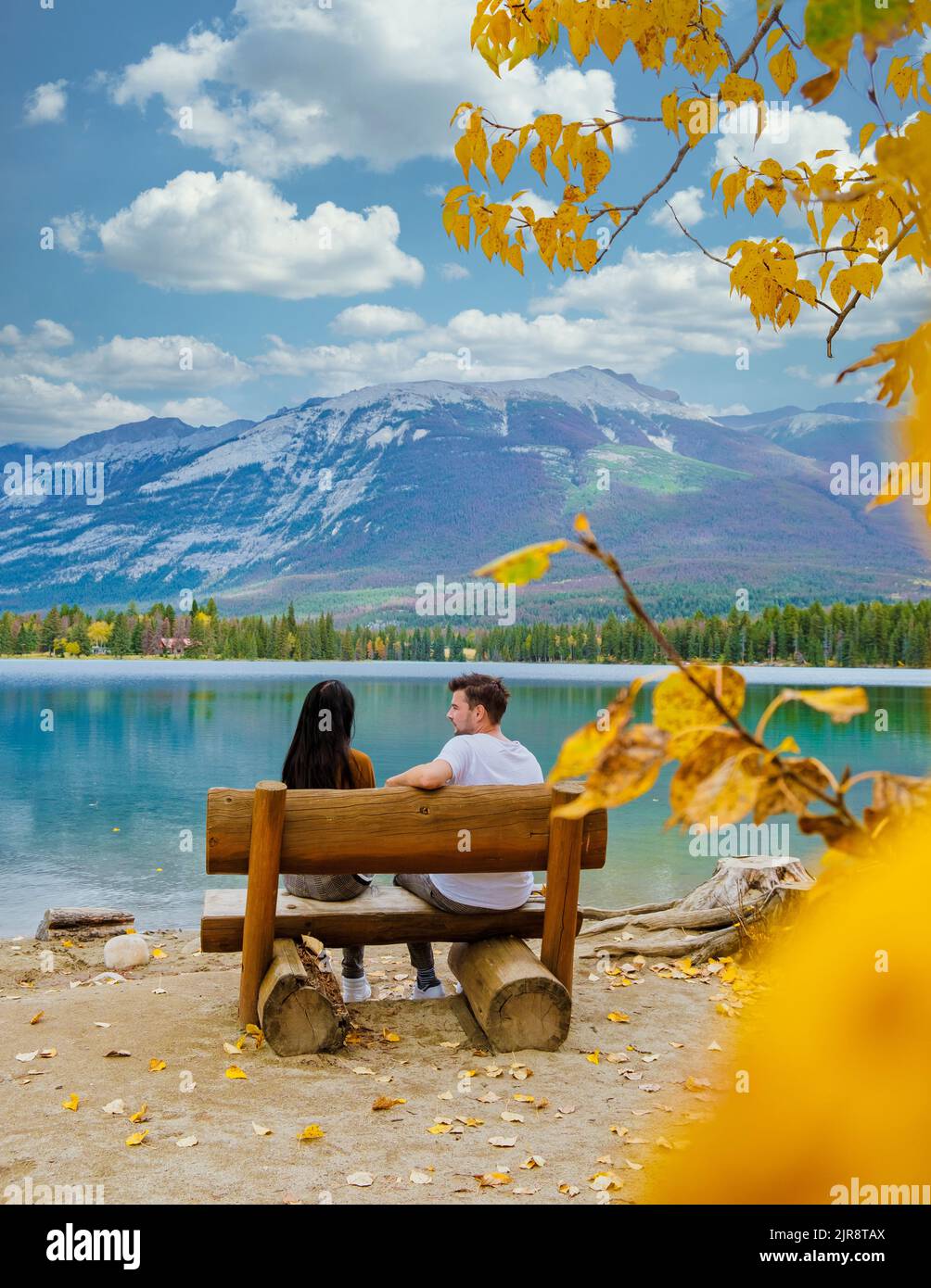 Beauvert lake at Jasper with autumn trees, Canada, a Canadian lake ...