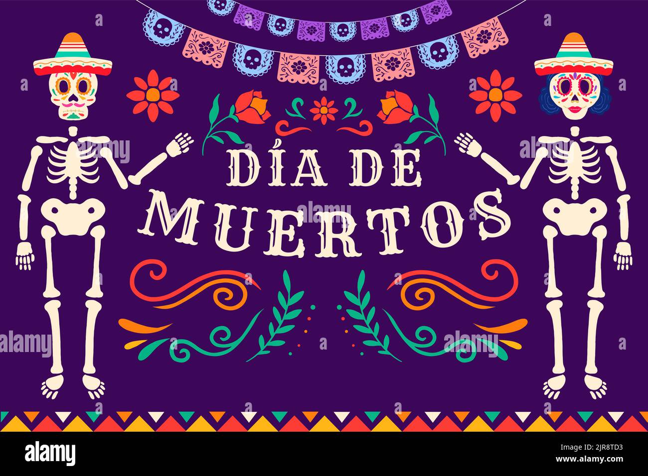 flat Dia de muertos background illustration with skeleton women and men ...