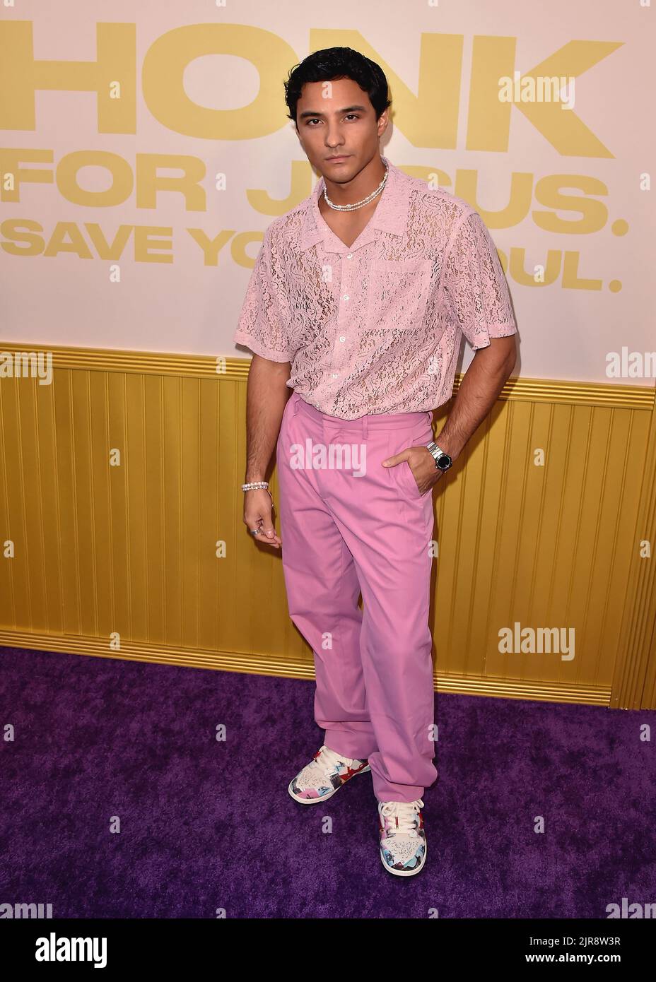 Brandon Perea walking the red carpet at the premiere of "Honk For Jesus ...