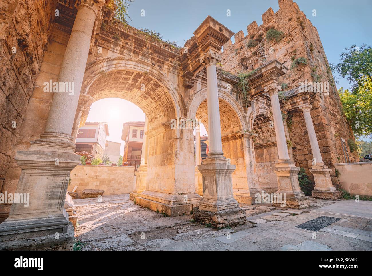 Famous gate or Hadrian arch in Antalya without visitors. Travel ...