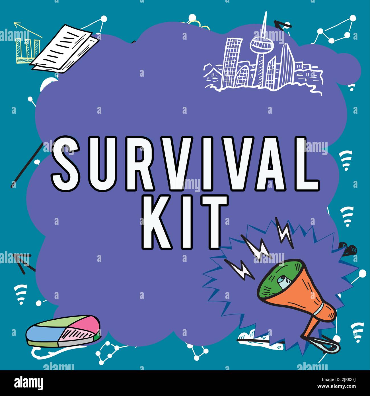 Handwriting text Survival Kit, Word for Emergency Equipment Collection ...