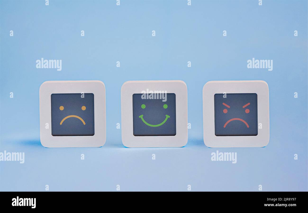 Set of computers with stylized faces of happy, sad and angry faces on ...