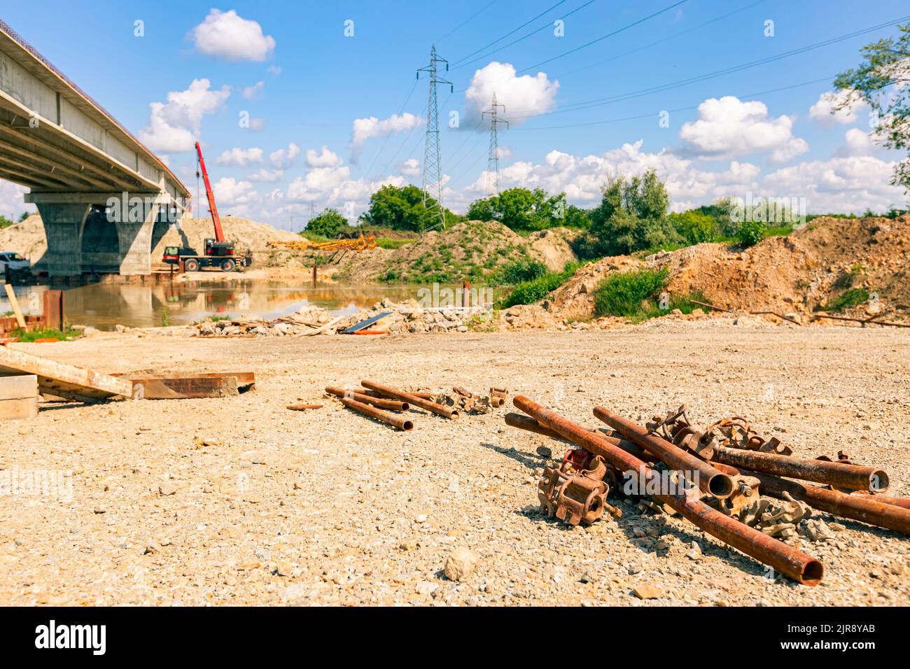 View on a heap of corrosion pipes disassembled steel scaffold joints ...