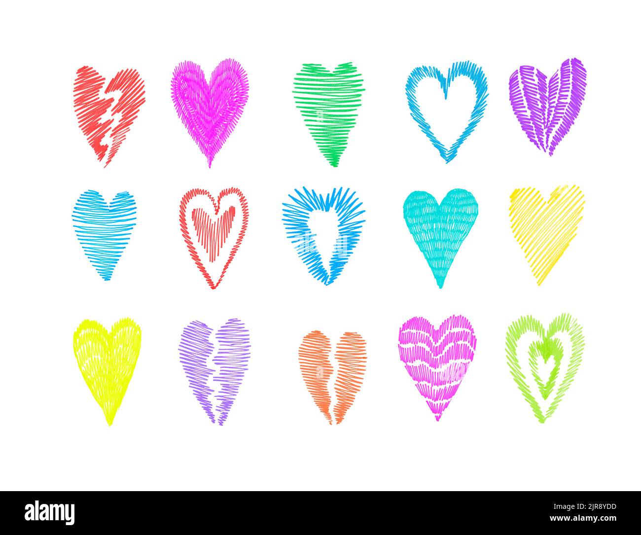 Hand drawn colorful abstract illustration hearts elements. Assorted ...