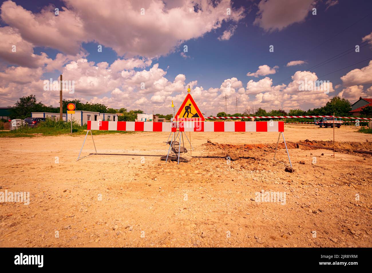 Work in progress, triangle sign with boundary, caution symbol, trench ...